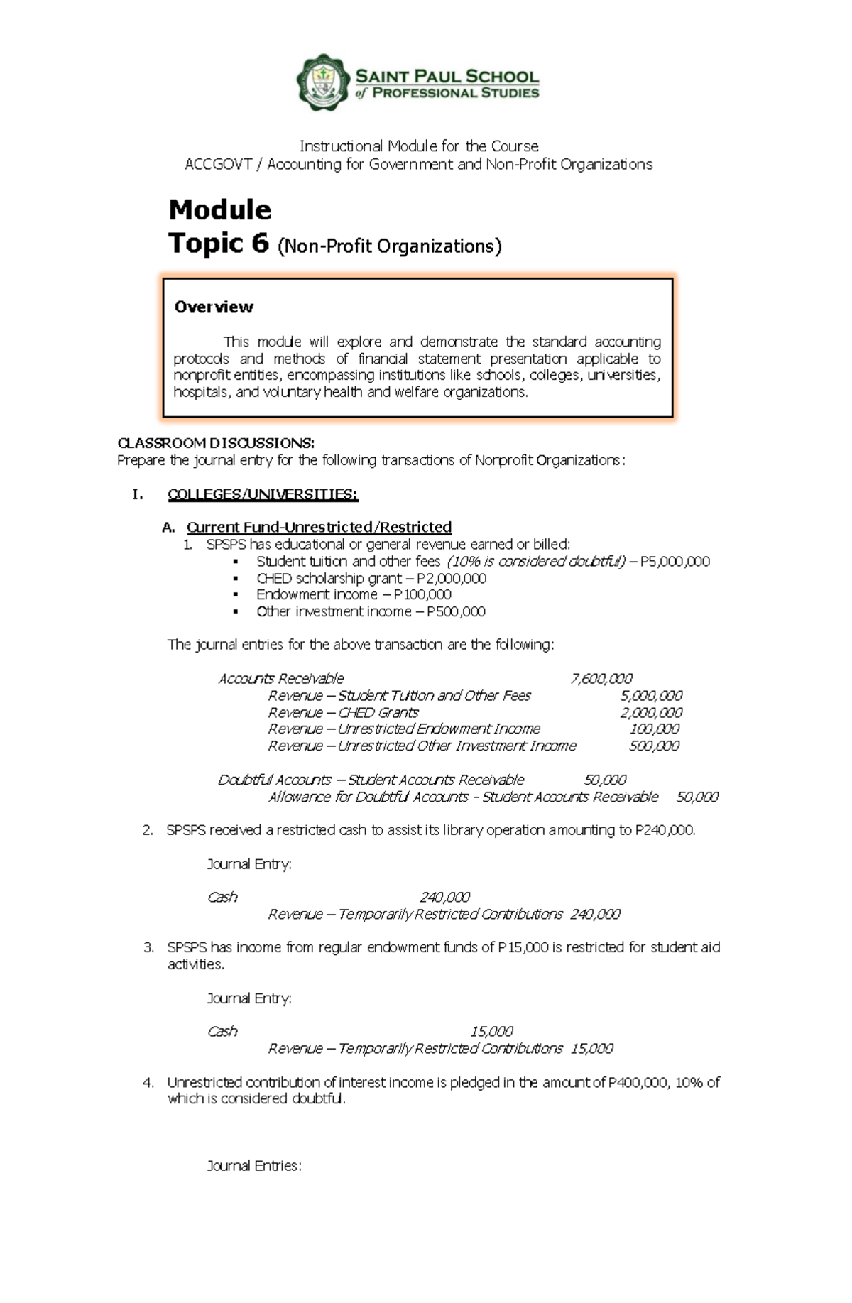 For Classroom Discussion NPOs with Journal Entries - Instructional ...