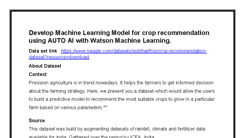 Crop Recommendation Using AUTO AI with IBM Cloud - Studocu