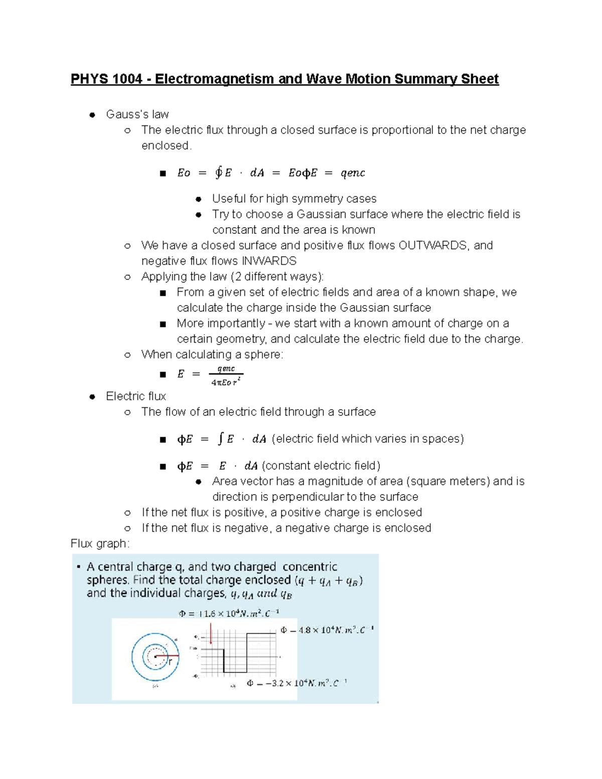 Physics review - Summary sheet of the entire class - PHYS 1004 - Electromagnetism and Wave ...