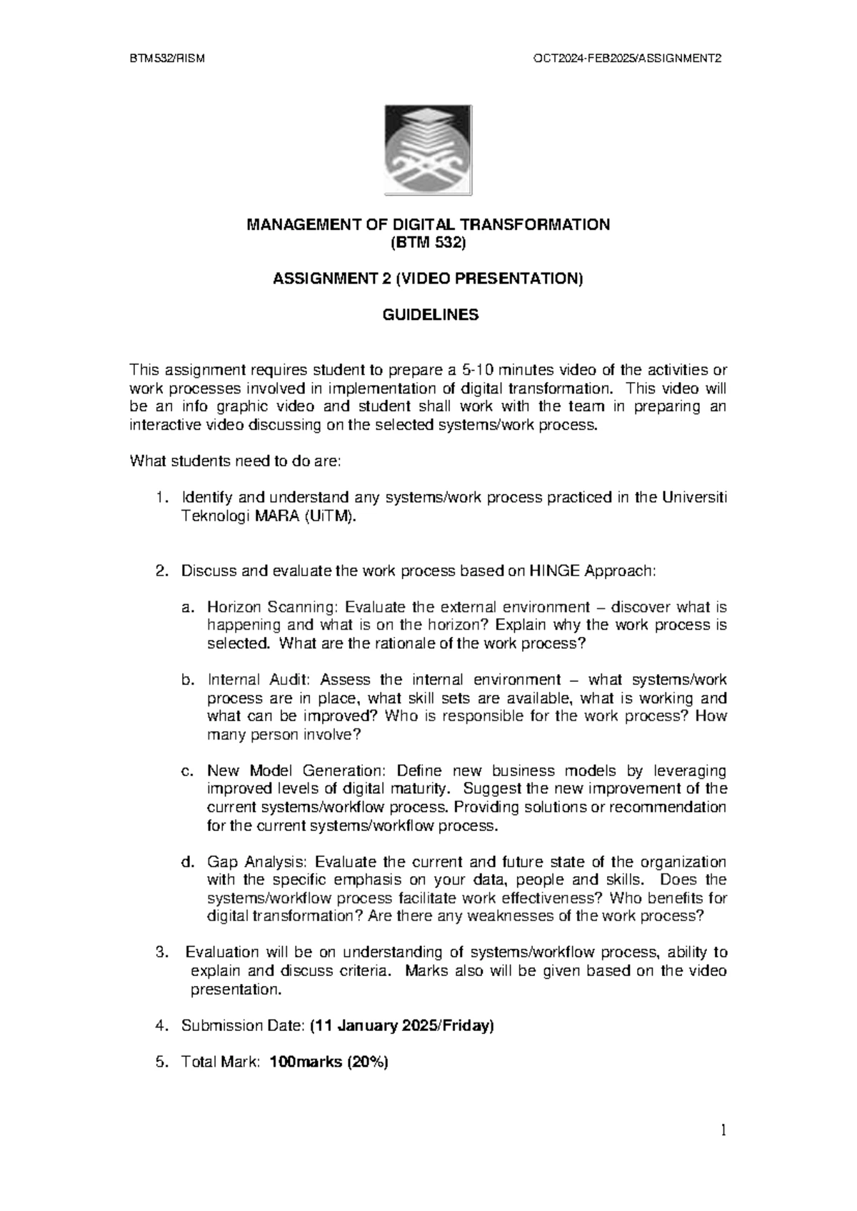 BTM532 Assignment 2: Video Presentation Guidelines on Digital Transformation - Studocu