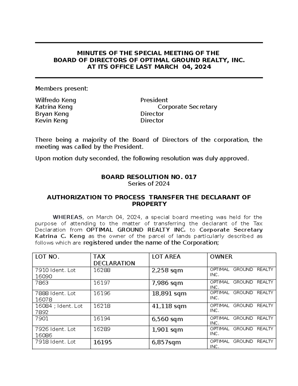 Board Resolution No. 017: Approval for Application of Land Titles 7 ...