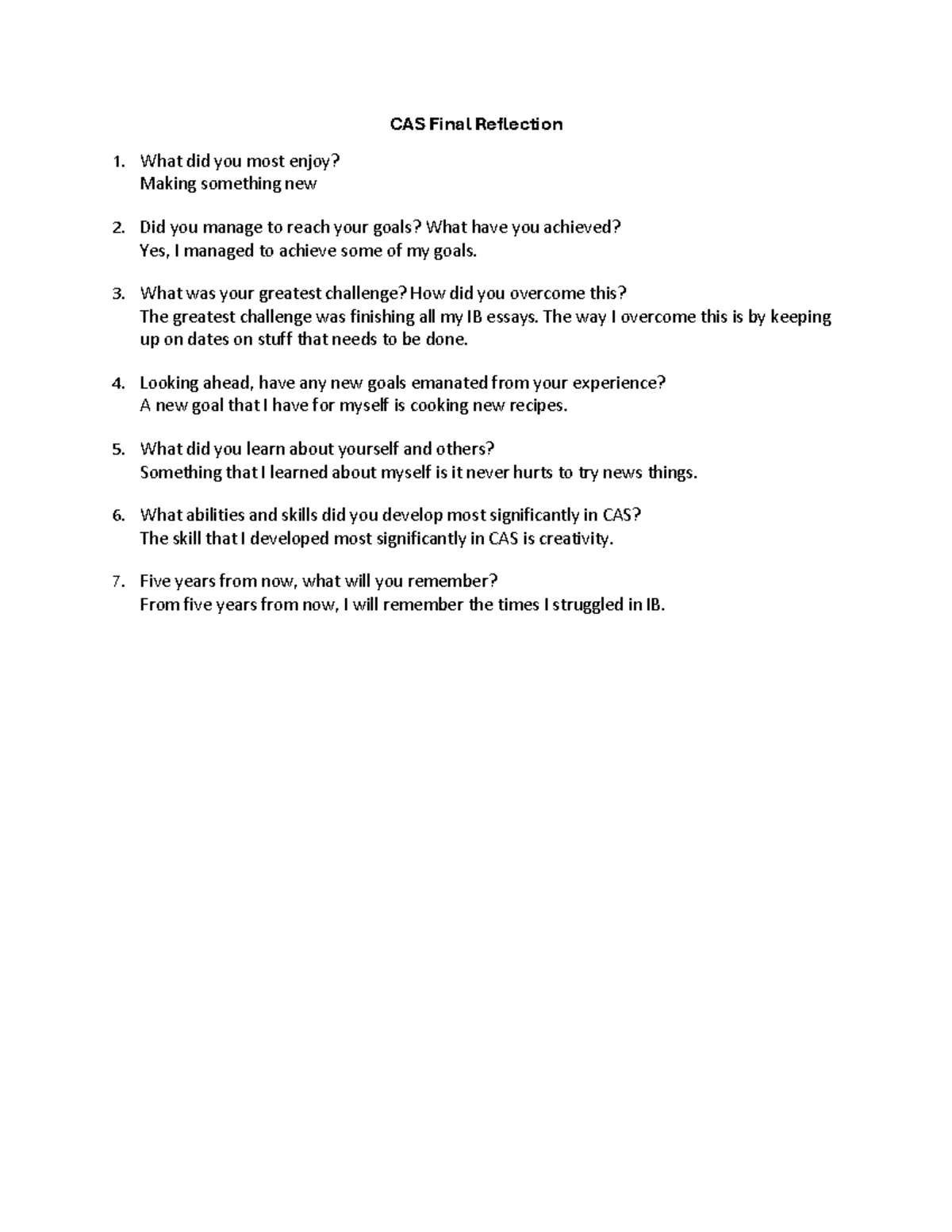 CAS Final Reflection: Personal Growth & Achievements in IB - Studocu