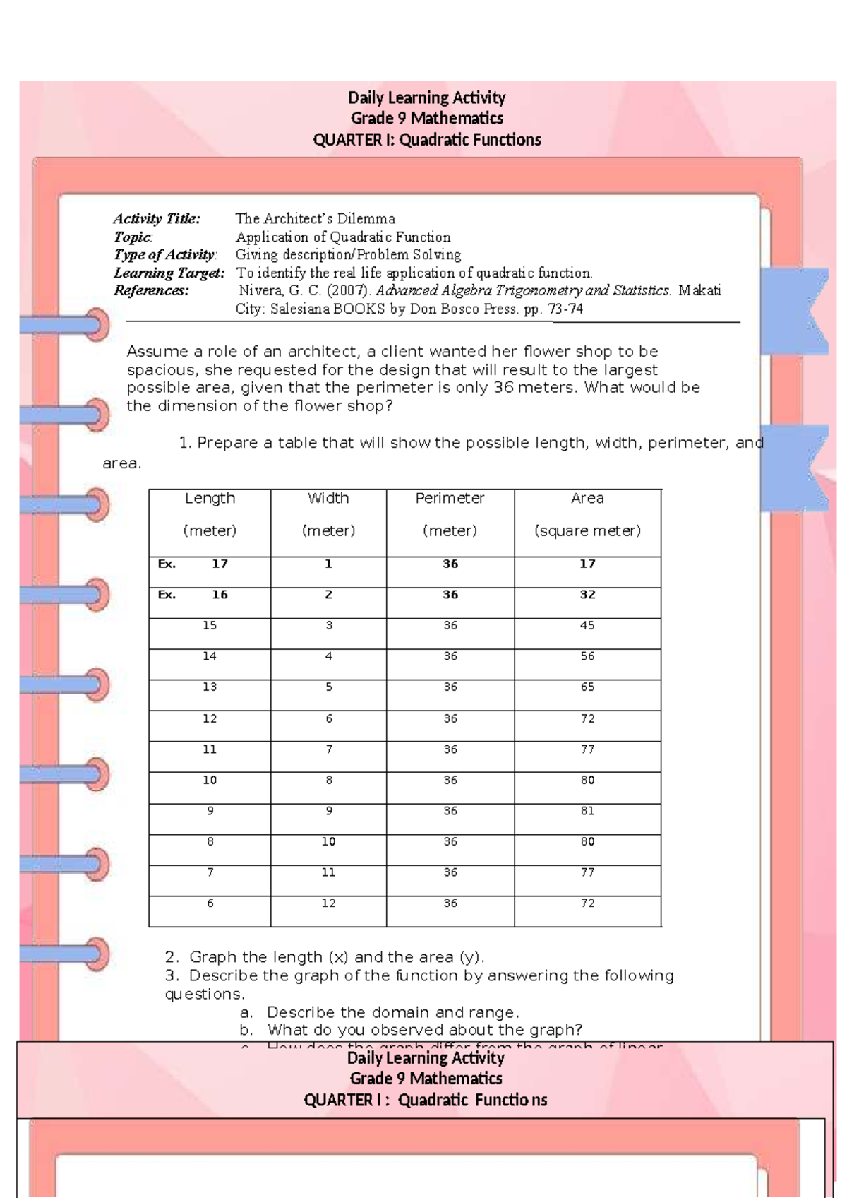 Daily Learning Activity Grade 9 Mathematics QUARTER I: Quadratic ...