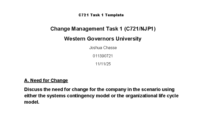 C721 Task 1: Change Management Analysis and Recommendations - Studocu
