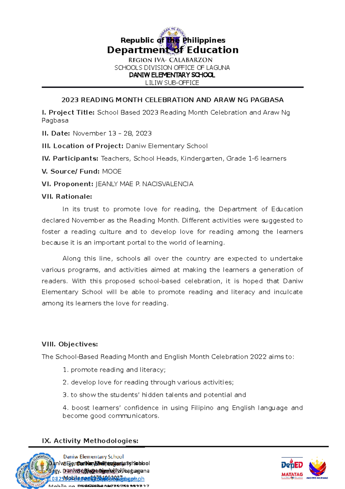 2023 Reading Month Action Plan for Daniw Elementary School - Studocu