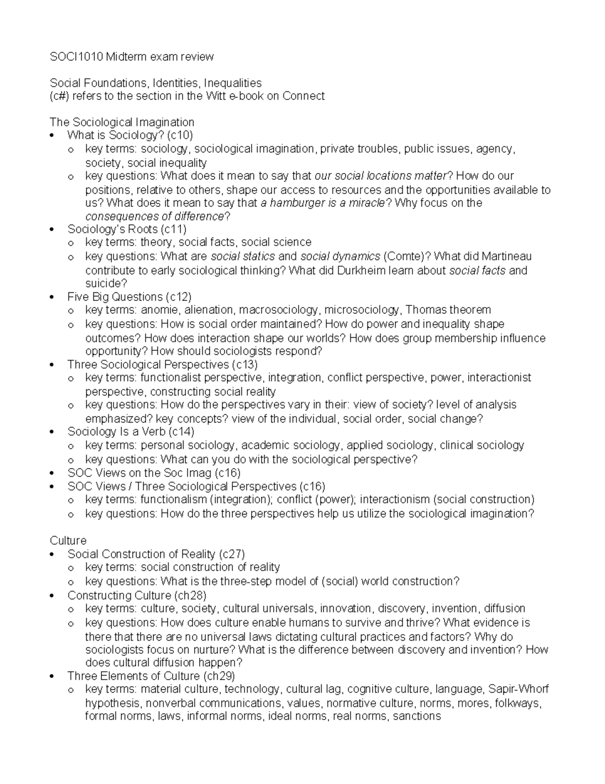 SOCI1010 Midterm Exam Review: Key Concepts in Sociology - Studocu