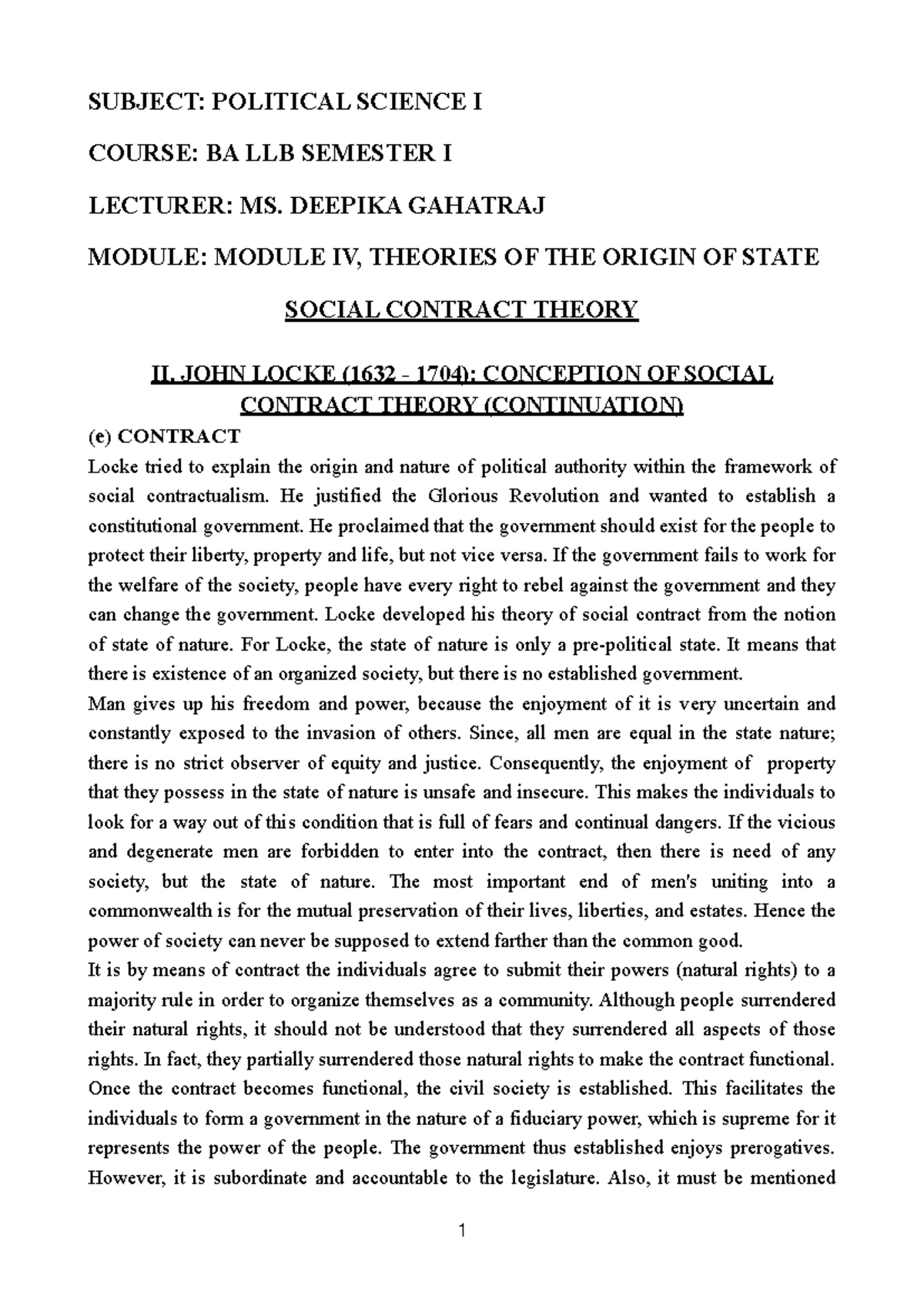 Social Contract Theory: John Locke's Perspective in PS I - BA LLB - Studocu