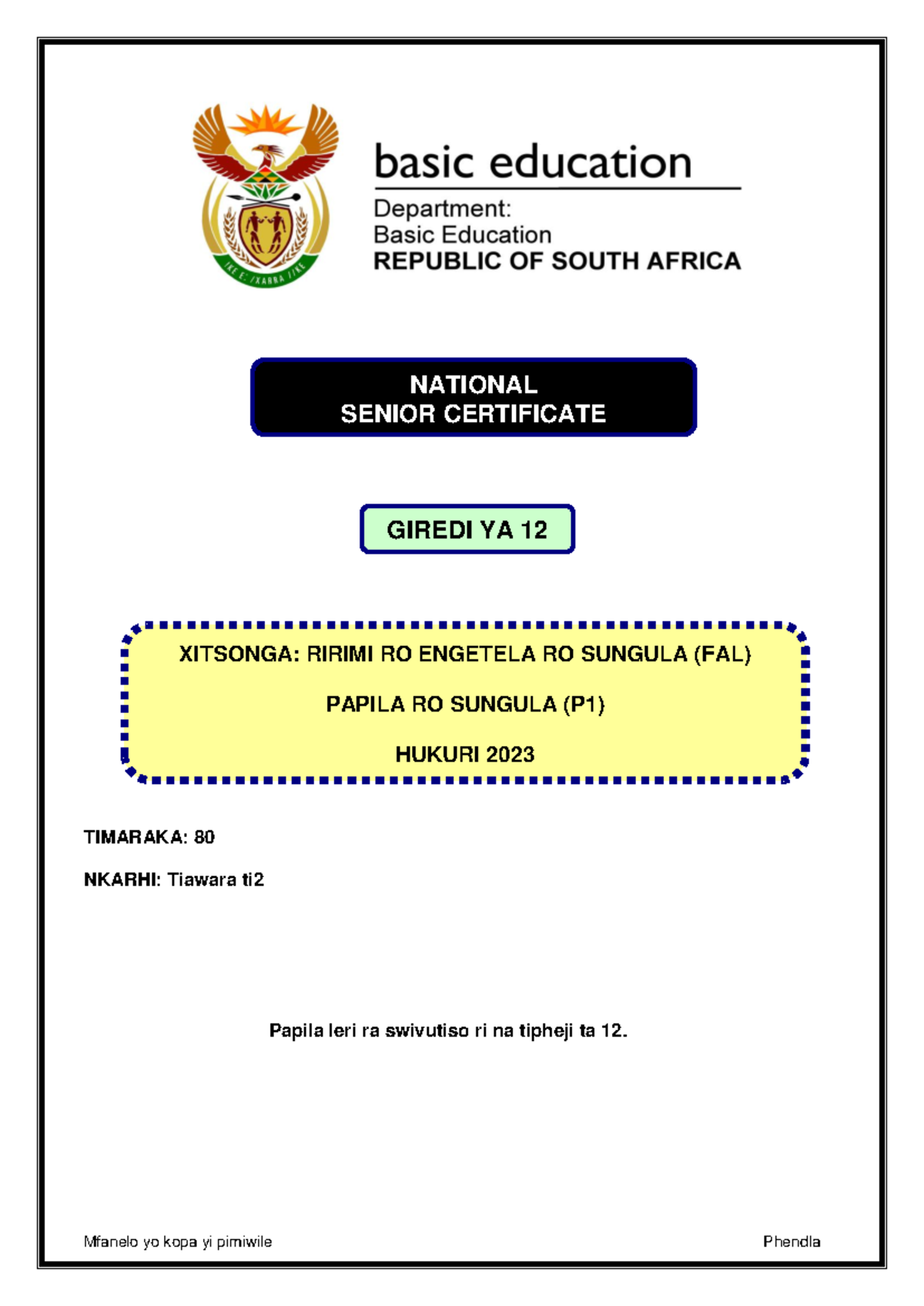 Xitsonga FAL P1 Nov 2023: Ririmi Ro Engetela Ro Sungula Exam Guide ...