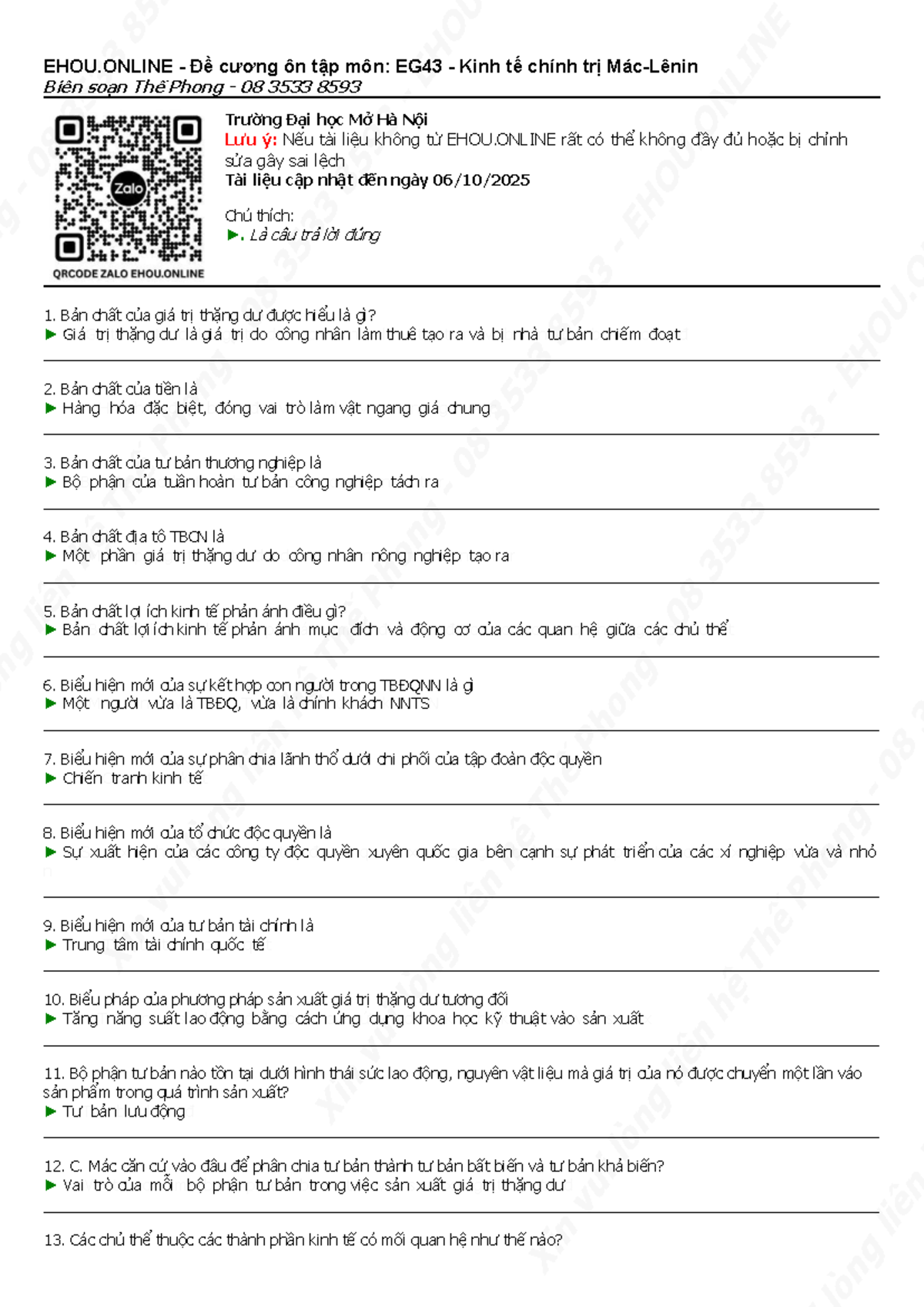 Đề cương ôn tập môn EG43 - Kinh tế chính trị Mác-Lênin - Studocu