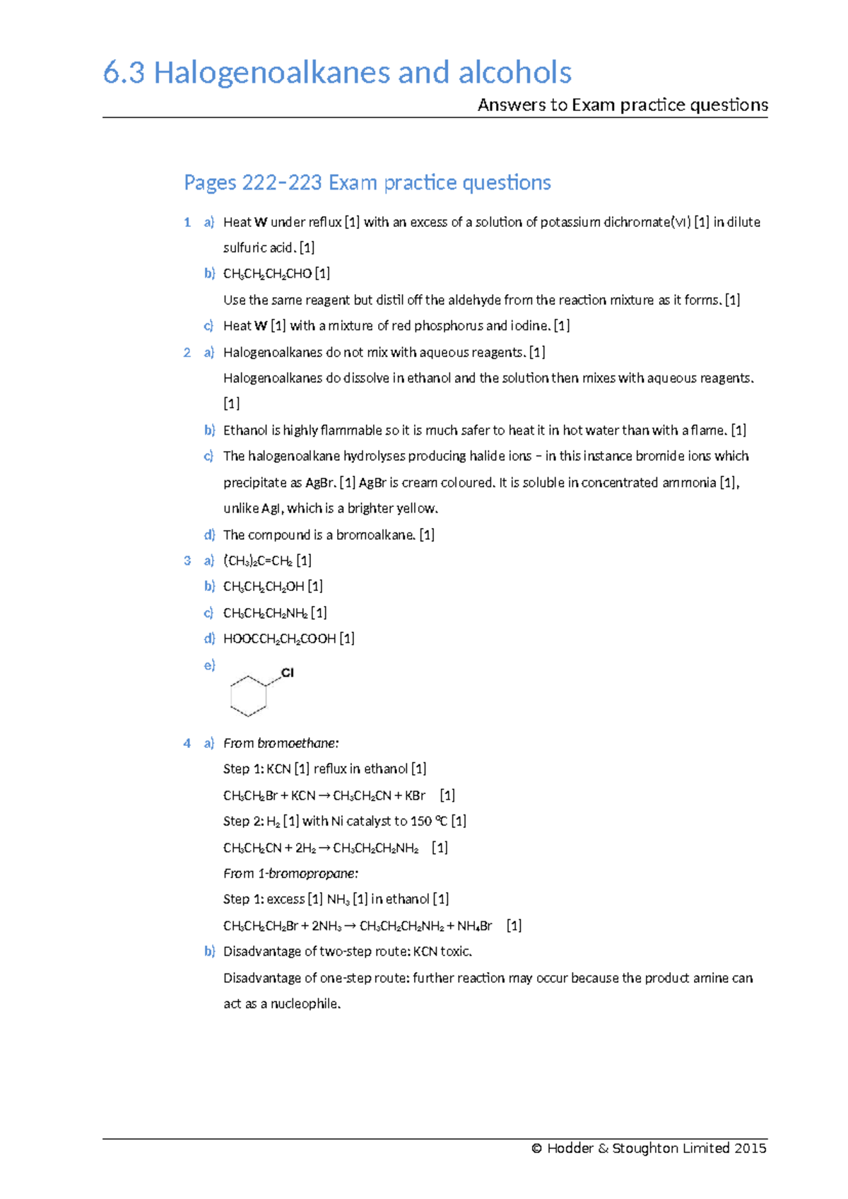 6.3 Organic Chemistry: Halogenoalkanes & Alcohols Exam Practice Answers ...