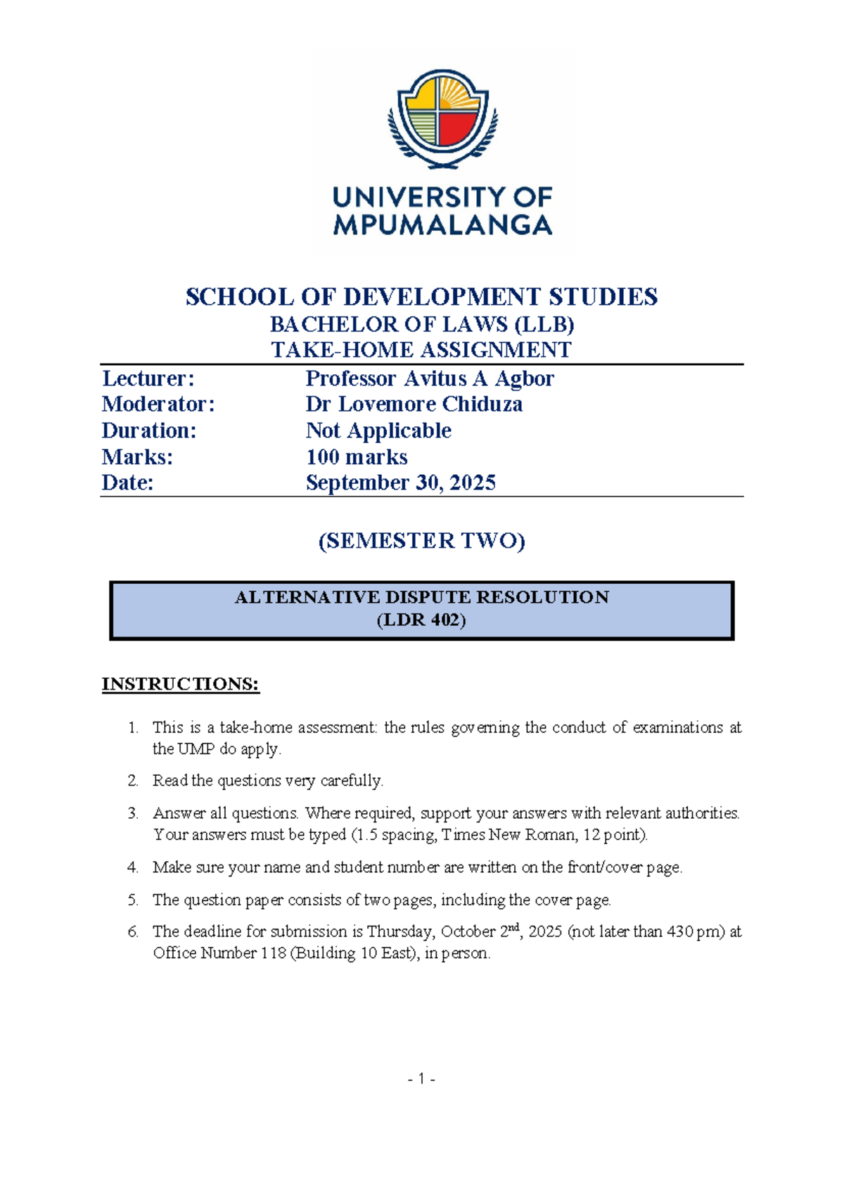 LDR 402 Alternative Dispute Resolution Assignment - Sept 2025 - Studocu