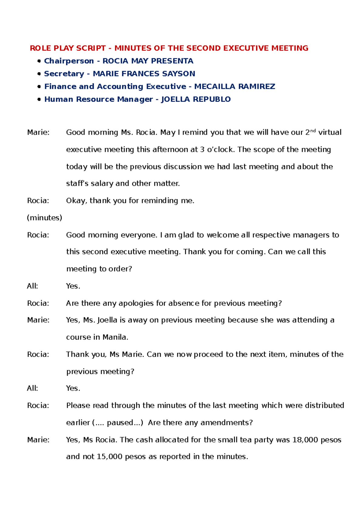 Executive Meeting Role Play - ROLE PLAY SCRIPT - MINUTES OF THE SECOND ...