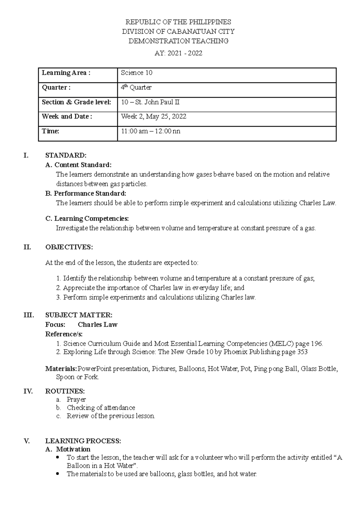 Science 10 - Sample Lesson Plan on Charles Law (4th Quarter) - Studocu