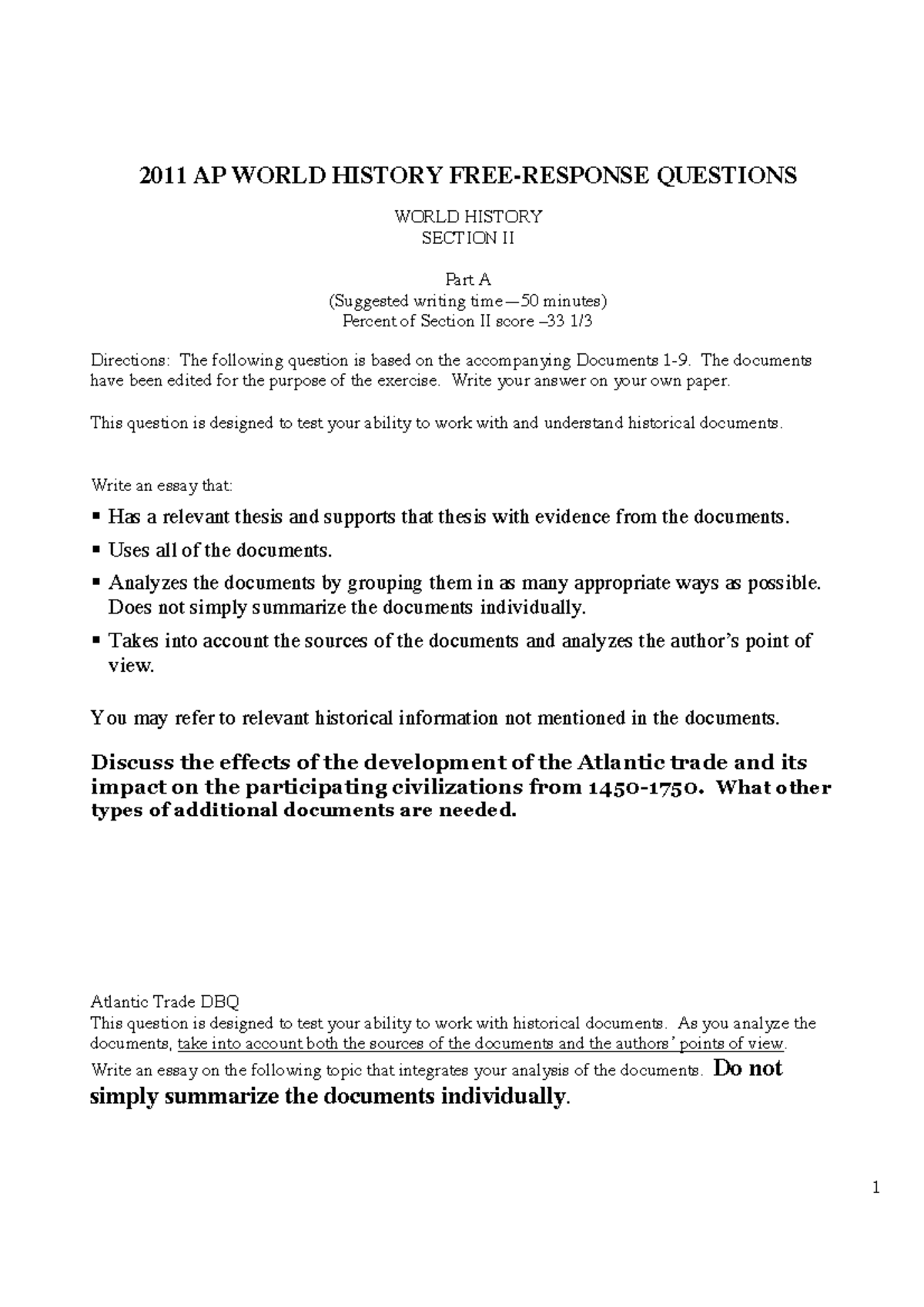 2011 AP World History DBQ: Analyzing Atlantic Trade Effects - Studocu