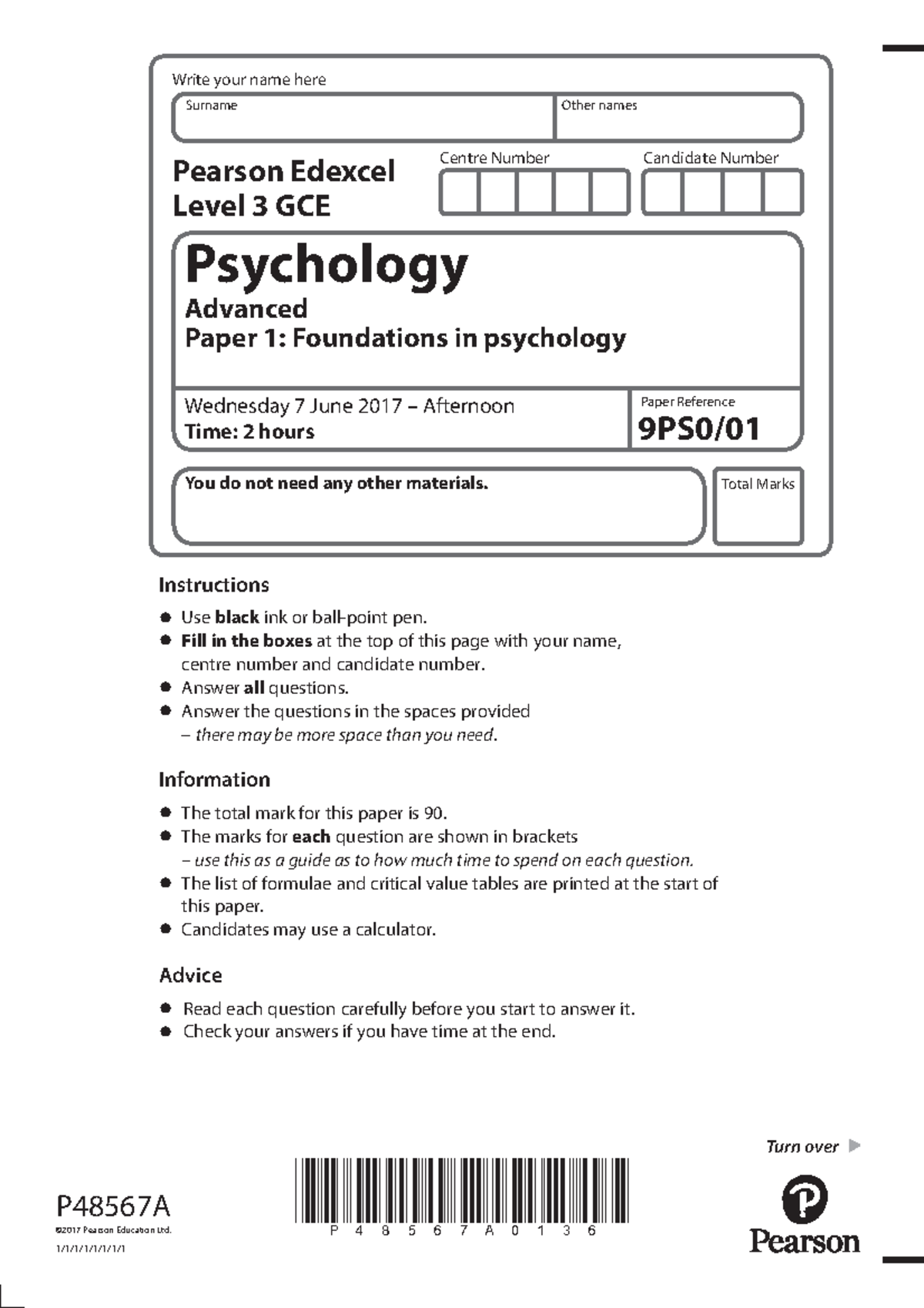 June 2017 Edexcel A-level Psychology Paper 1 - Exam Questions - Studocu