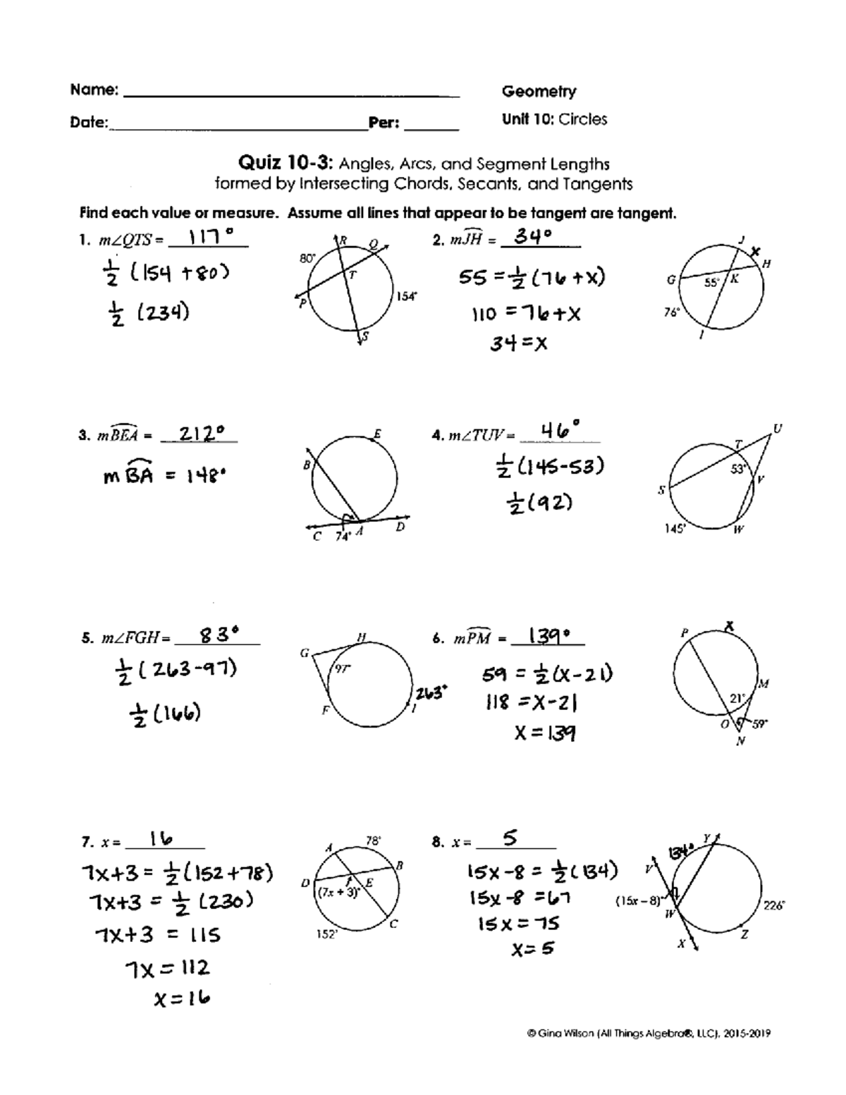 Chapter 10.3 Quiz Solutions: Angles, Arcs, & Segments in Circles - Studocu