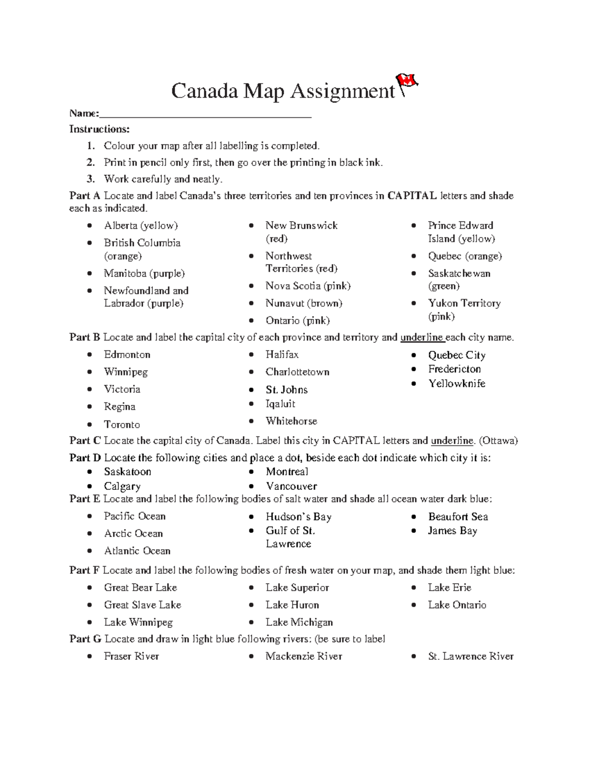 Canada Geography Map Assignment for Grade 9 Students - Studocu