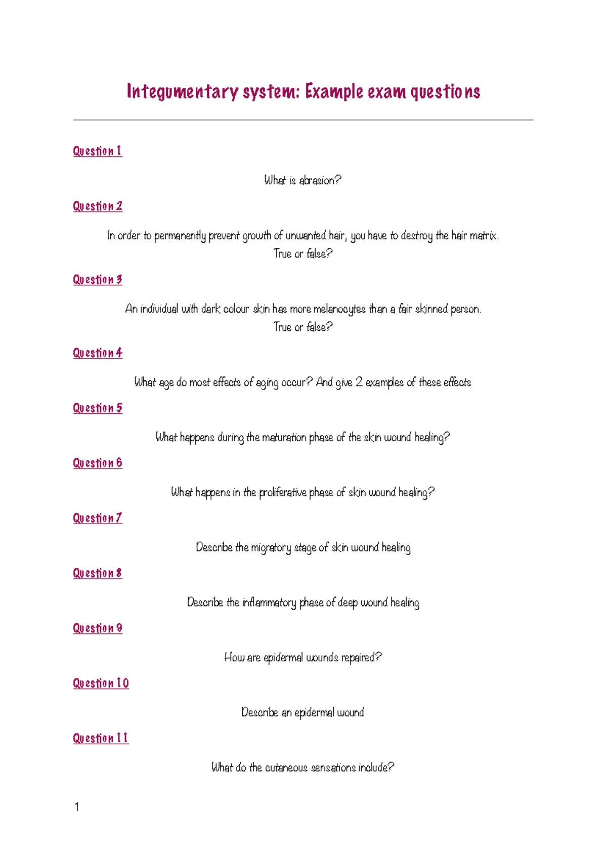 Integumentary System Exam Questions - Study Guide for BIO 101 - Studocu