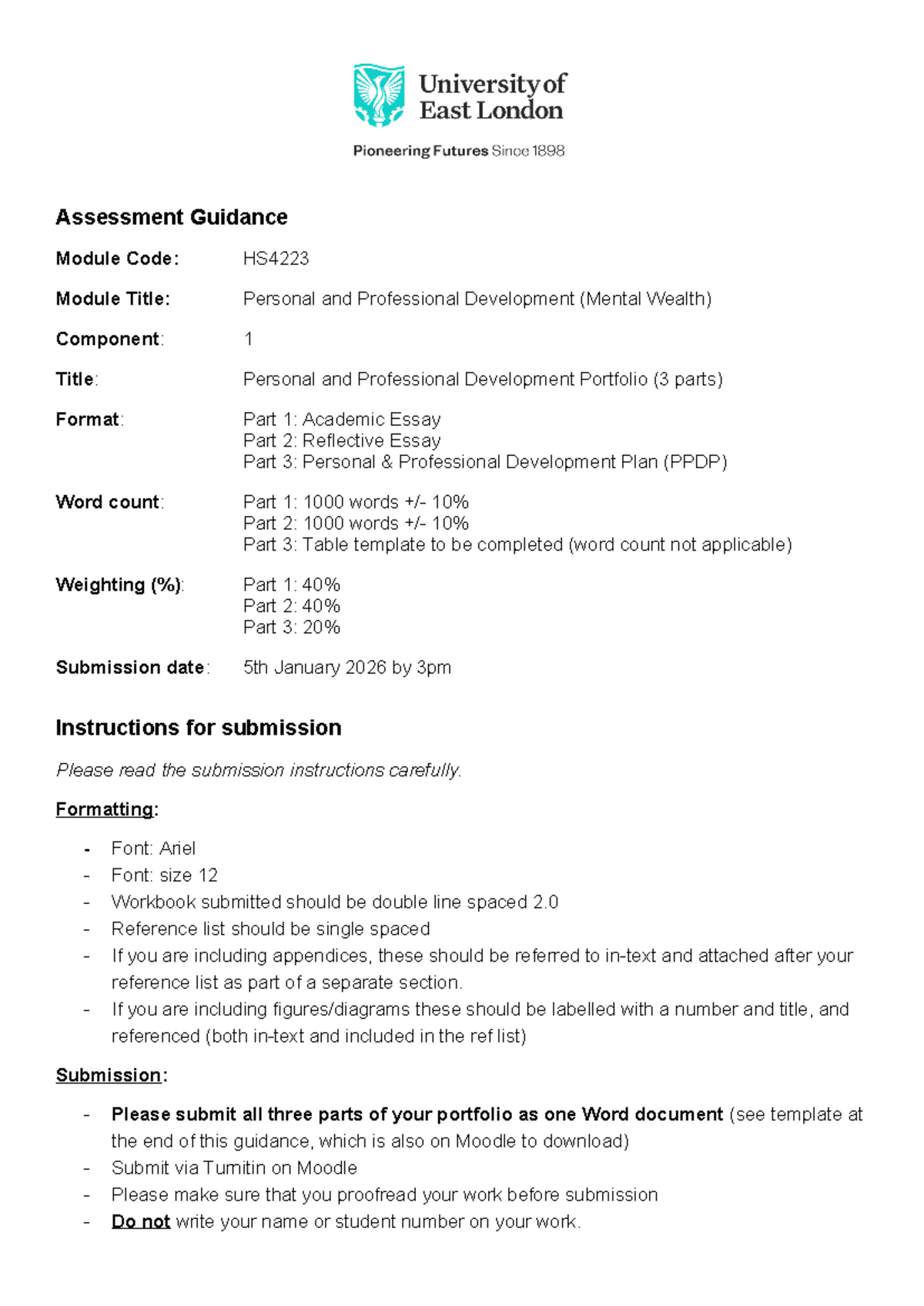 HS4223 Personal & Professional Development Portfolio Guidance (3 Parts ...