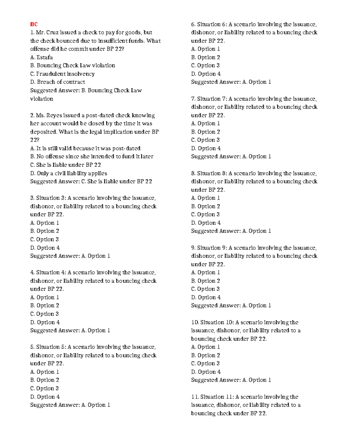 BP22 Bouncing Checks: 50 Situational Questions and Answers - Studocu