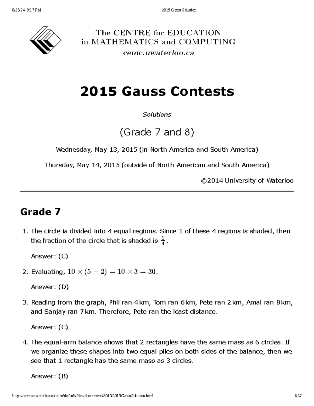 2015 Gauss Contest Solutions for Grade 7/8 - Math Exam - Studocu