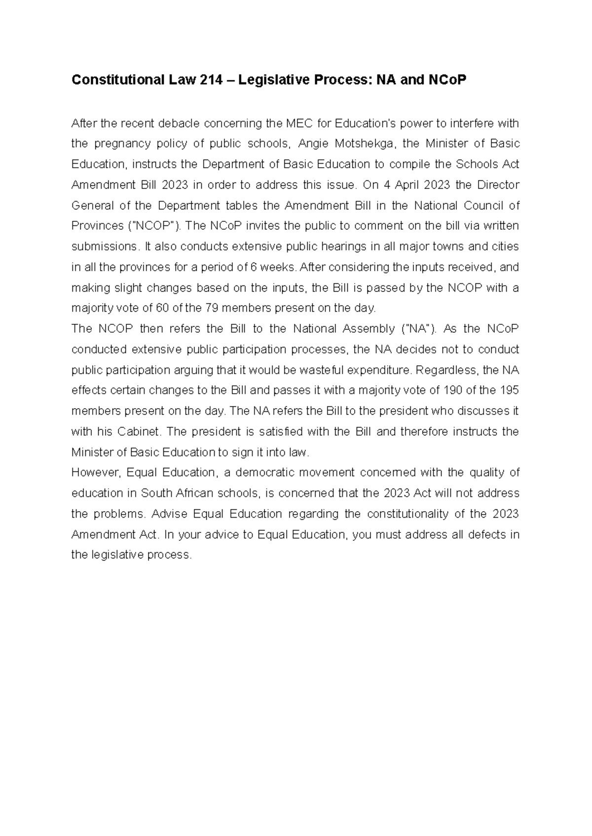 Constitutional Law 214 - Legislative Process: Analysis of 2023 ...
