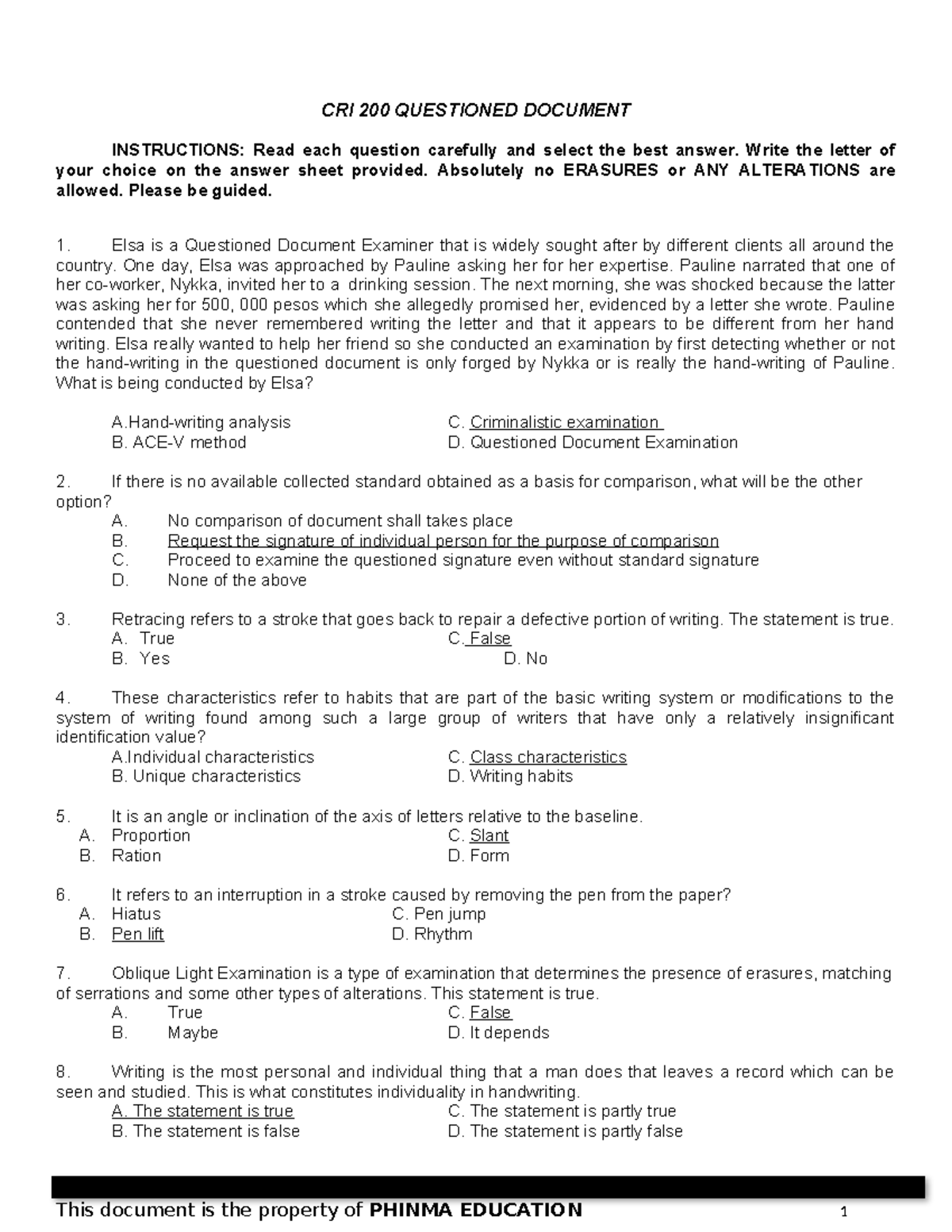CRI 200 Final Exam Reviewer with Answers on Questioned Documents - Studocu