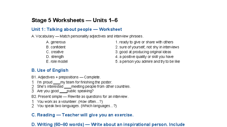 Stage 5 Unit 1 Worksheets: Talking About People & Vocabulary - Studocu