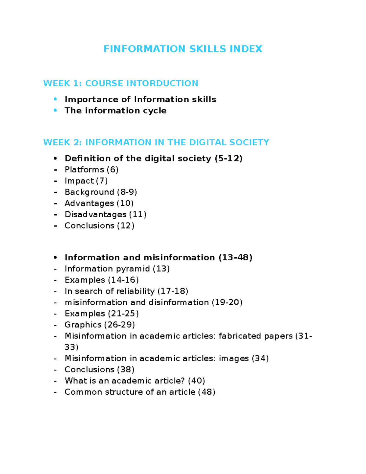 Index test 1 - Indice en inglés del lesson 1 para test - FINFORMATION ...
