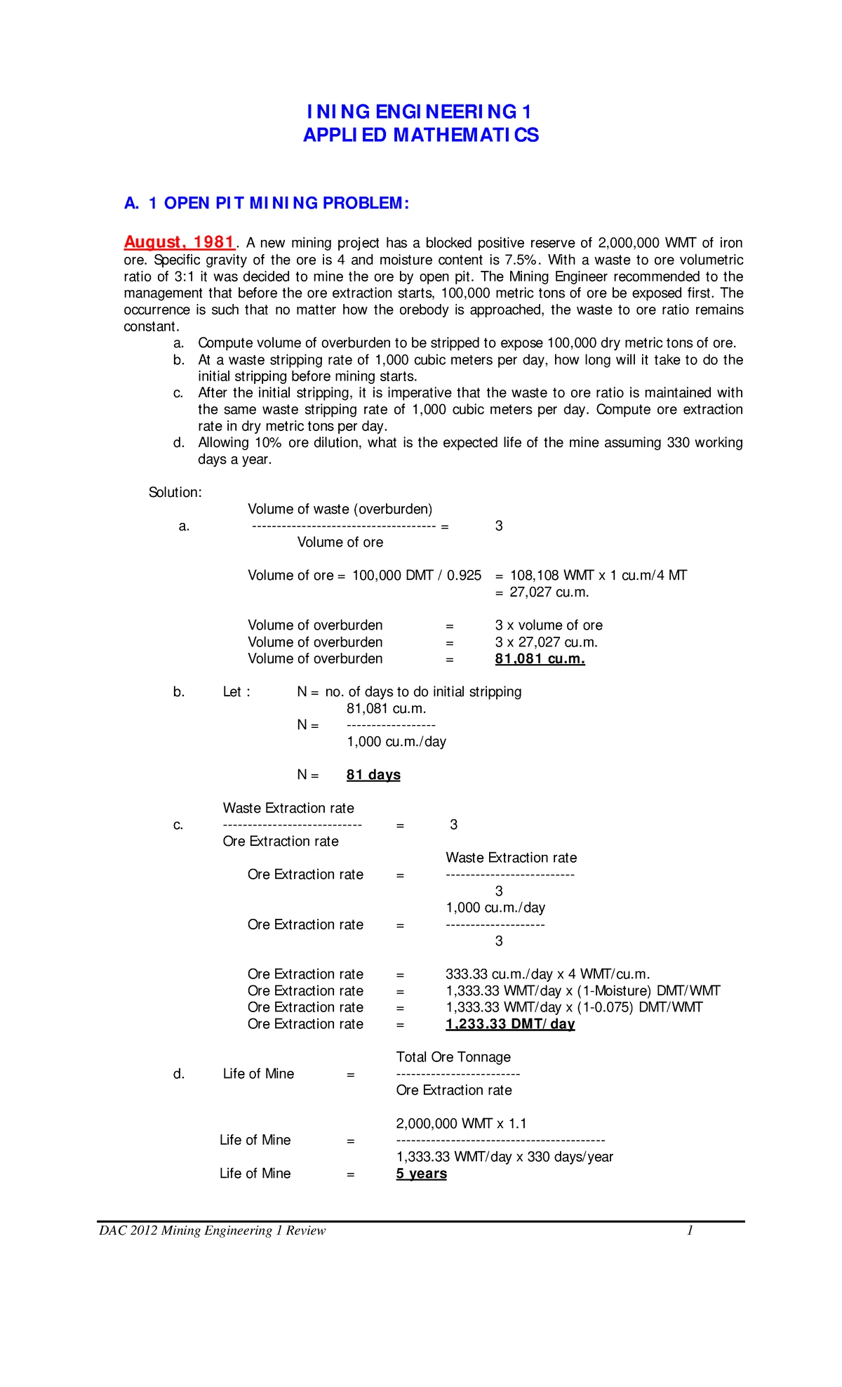 Mining Engineering Lecture Notes 1 - MINING METHODS, MINE DESIGN AND ...