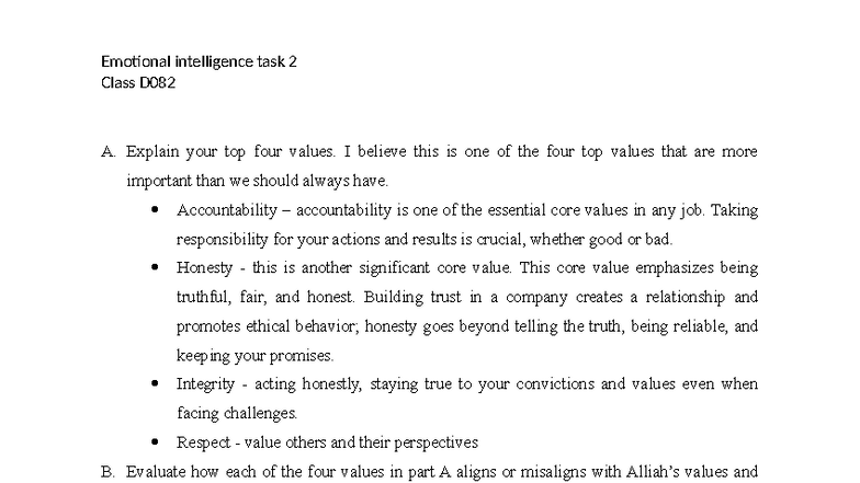 Emotional Intelligence Task 2: Core Values Analysis - Class D082 - Studocu