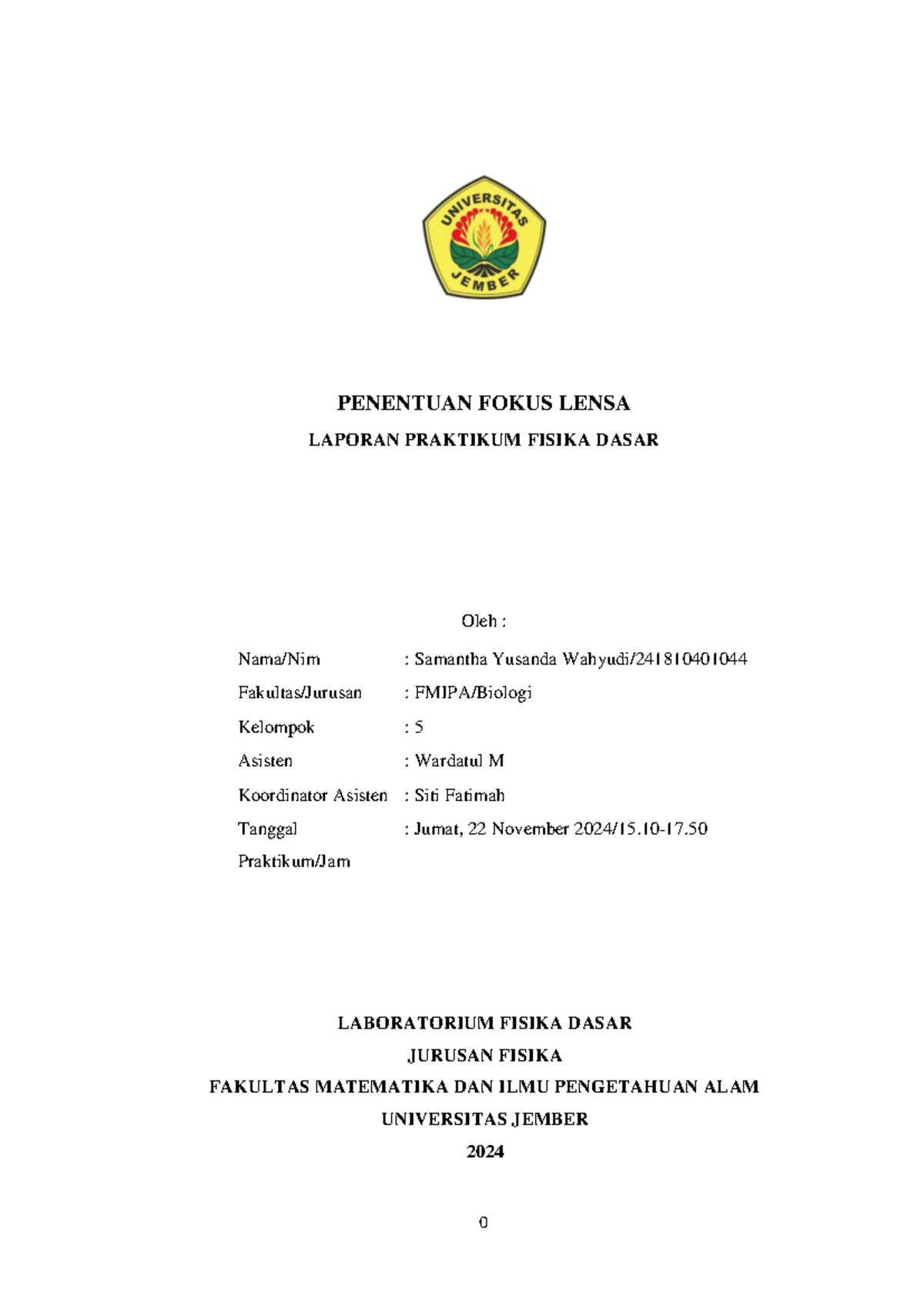 Laporan Praktikum Fisika Dasar: Penentuan Fokus Lensa oleh Samantha ...