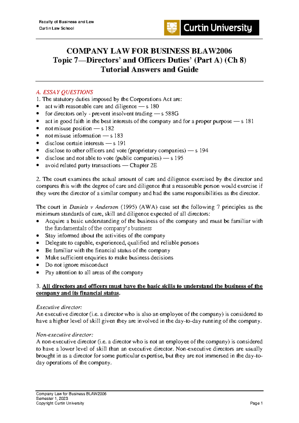 COMPANY LAW FOR BUSINESS BLAW2006 Tutorial Questions & Answers (Ch 8 ...