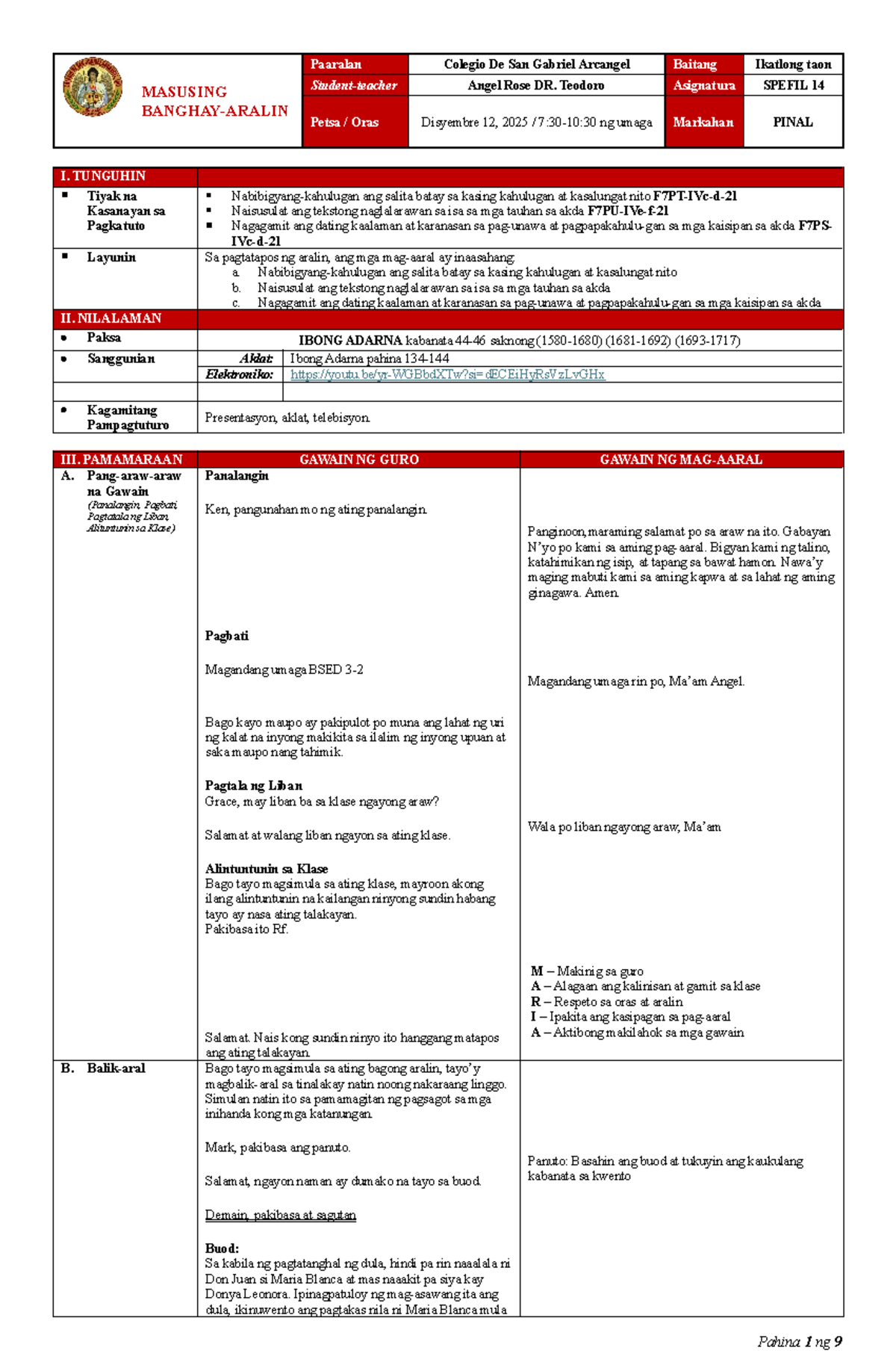 DLPJ SPEFIL 14: Masusing Aralin sa Ibong Adarna at mga Kabanata - Studocu