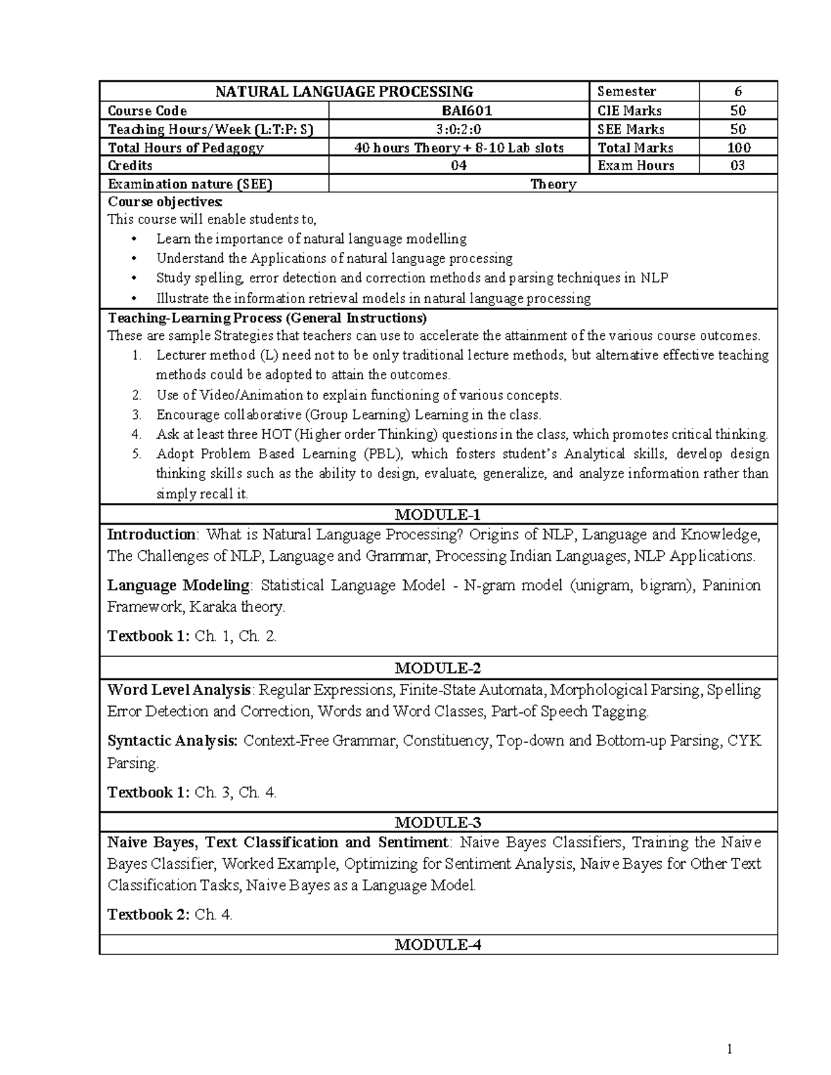 NLP Course Syllabus and Exam Details - BAI601 - Semester Overview - Studocu