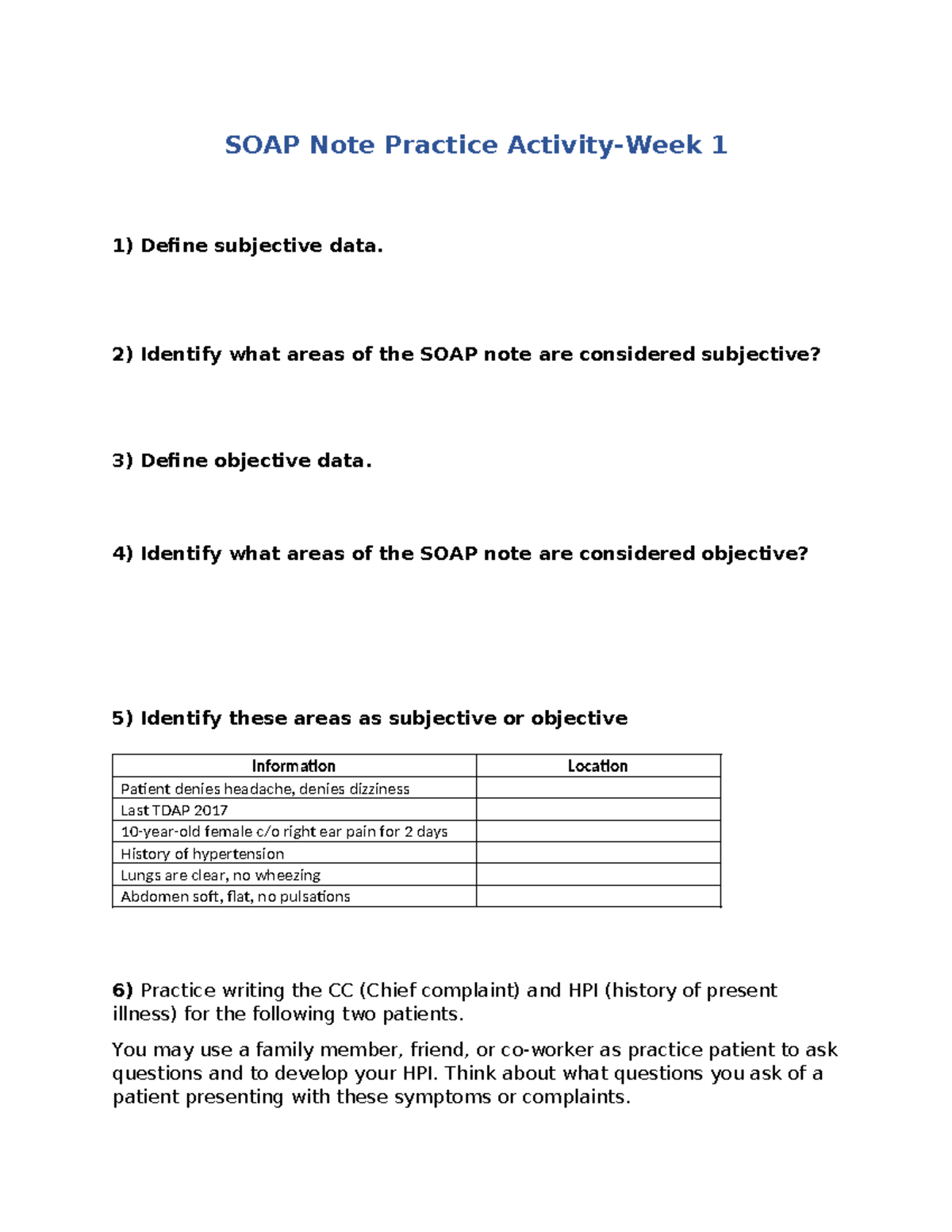 SOAP Note Practice: Subjective & Objective Data Analysis - Studocu