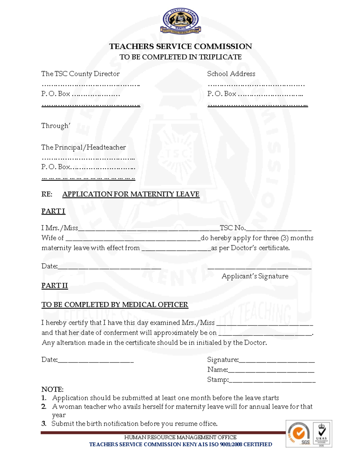 TSC Application for Maternity Leave - Form Completion Guide - Studocu