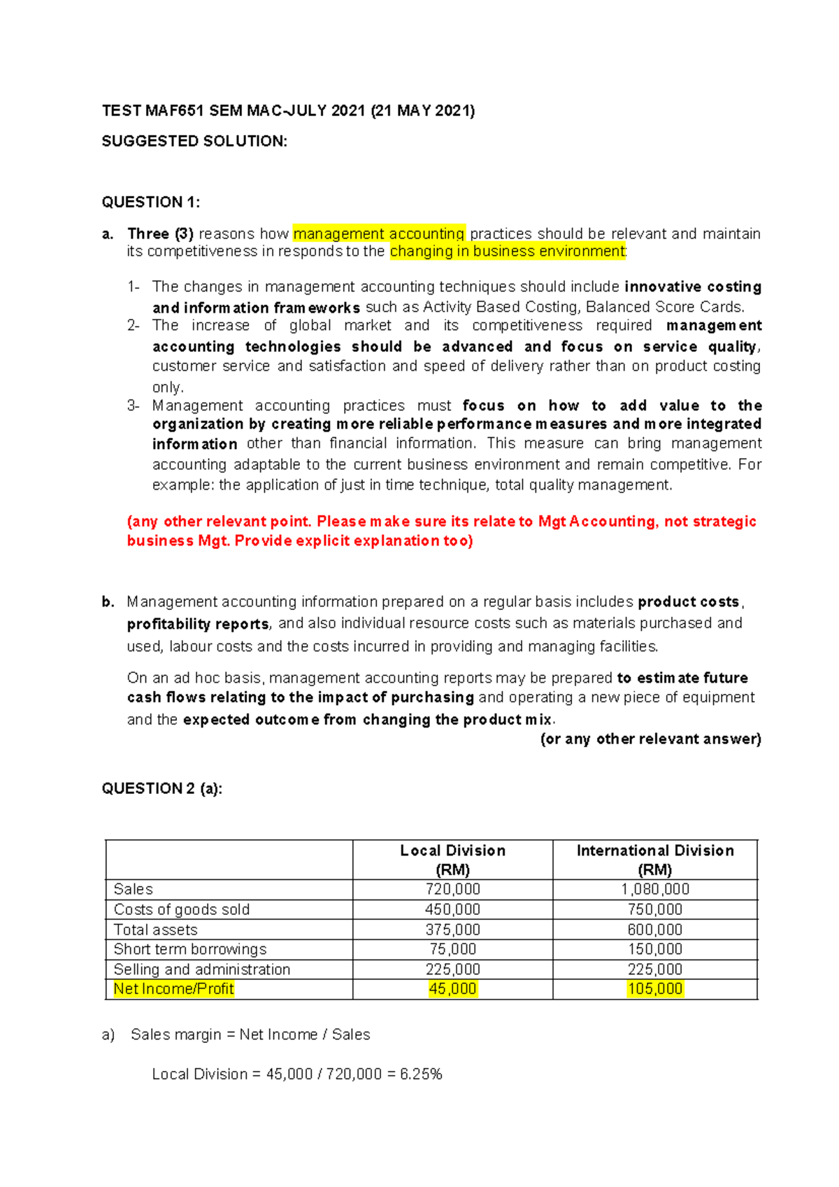 MAF651 TEST SOLUTIONS MAY 2021: MANAGEMENT ACCOUNTING INSIGHTS - Studocu