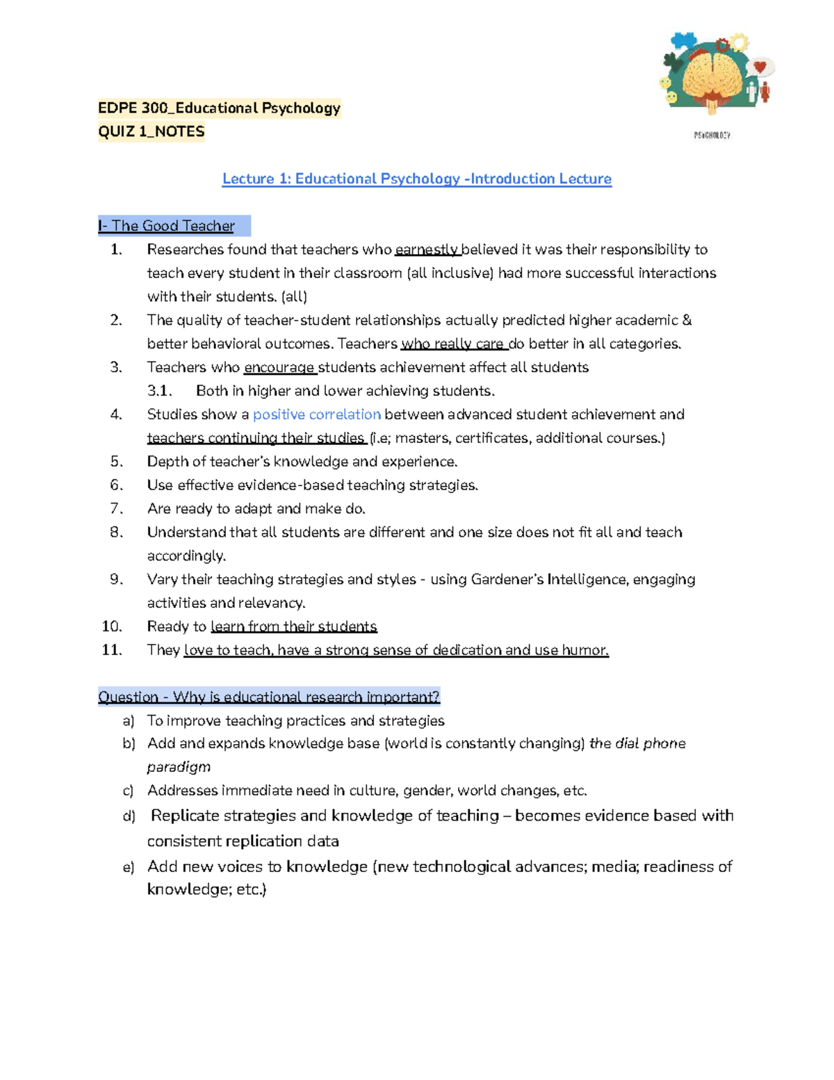 EDPE 300 Educational Psychology Quiz 1 Lecture Notes - Studocu