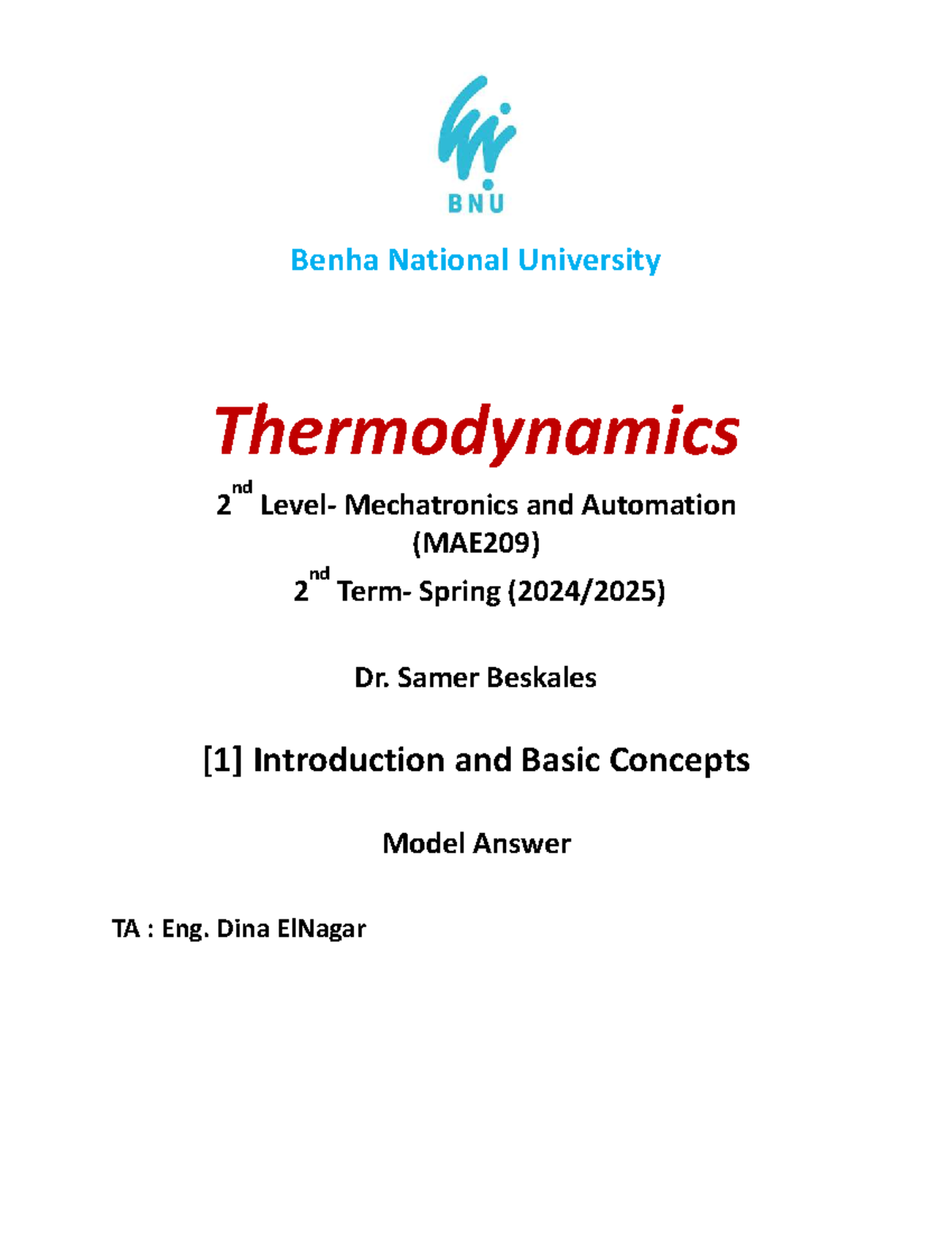 Tutorial no. 1 sol - Introduction and Basic Concepts - Thermodynamics (2) - Benha National - Studocu
