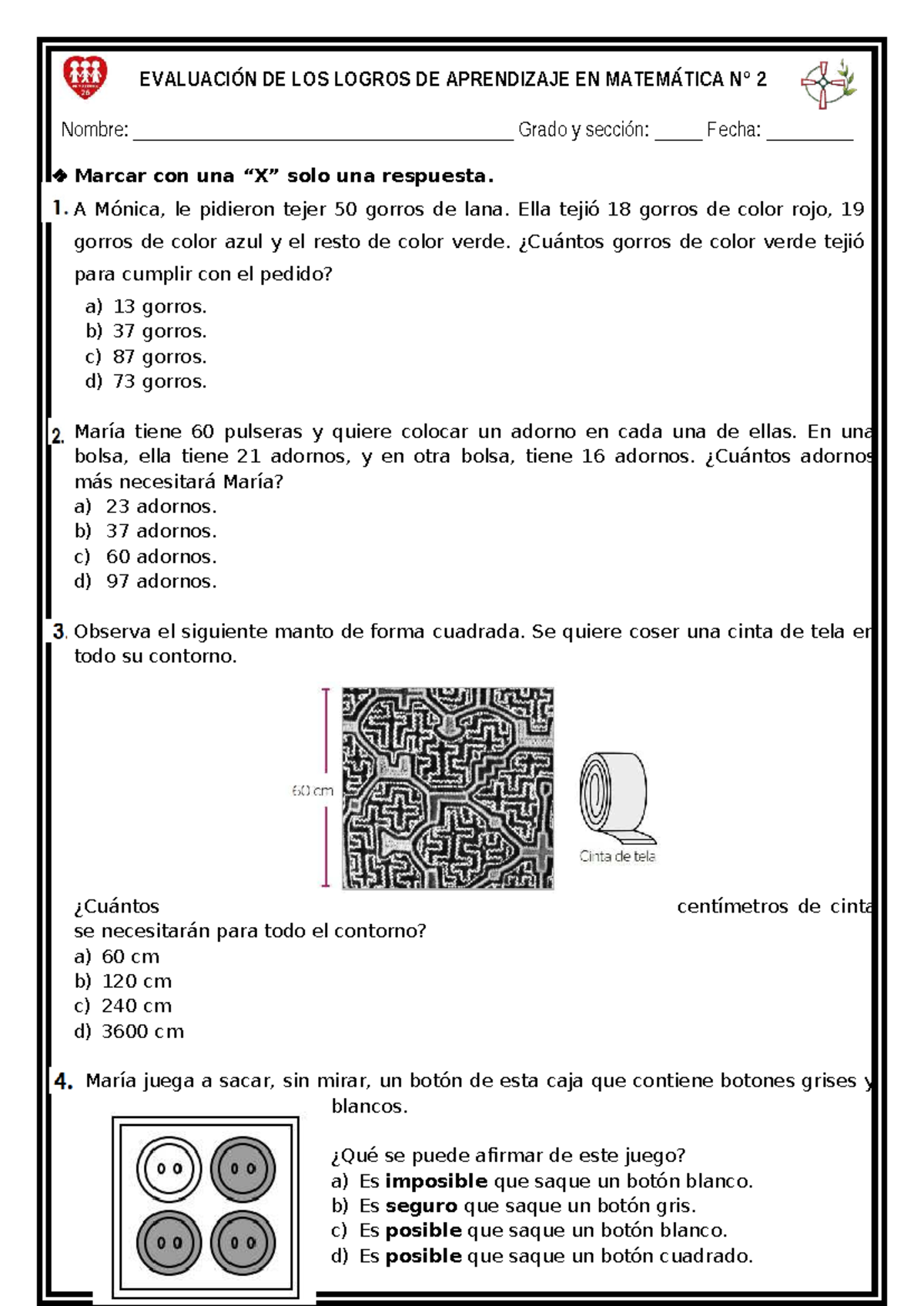 Prueba Simulacro ENLA Matemática 2: Evaluación de Aprendizaje - Studocu
