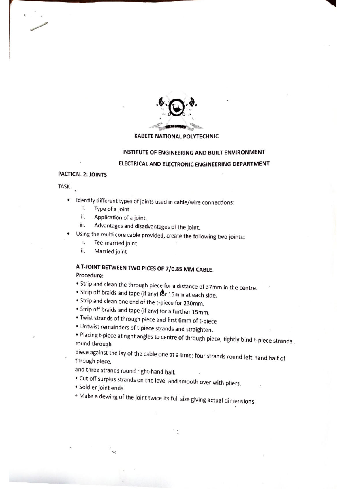 Joints Practical Checklist for EE 202: Types and Applications - Studocu