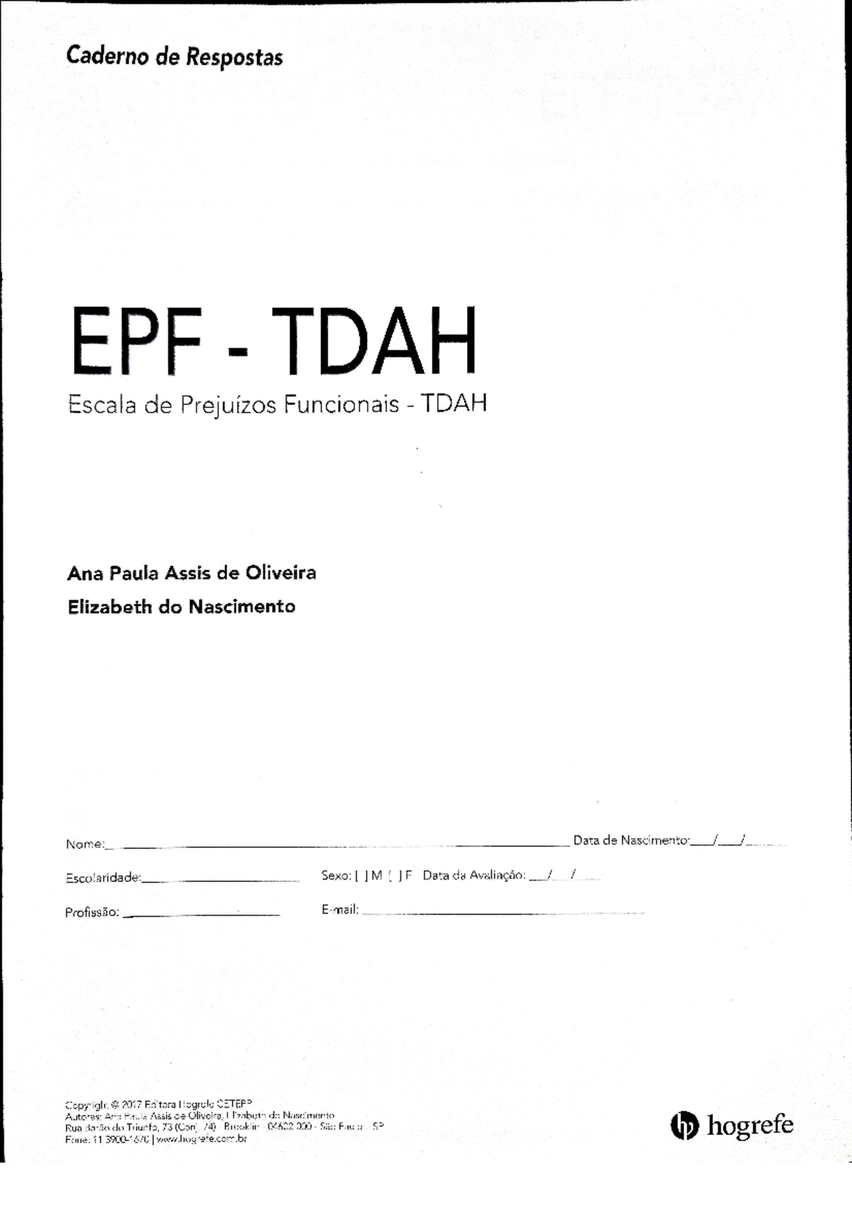 EPF TDAH - Caderno de Respostas da Escala de Prejuízos Funcionais - Studocu