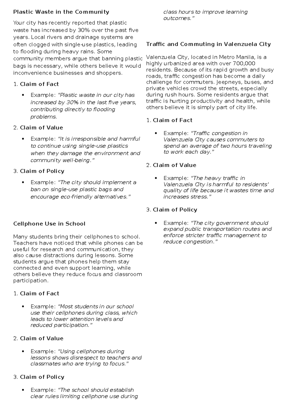 Claims Activity Worksheet: Plastic Waste & Traffic Issues in Valenzuela ...