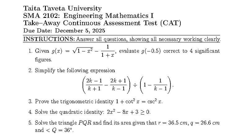 SMA 2102: Engineering Mathematics I CAT - December 2025 Exam Guide - Studocu