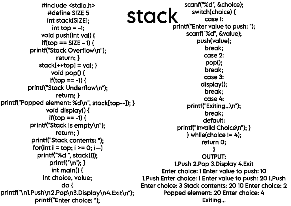 Stackk - Ehjeueu3u2u2 - #include #define SIZE 5 int stack[SIZEJ;int top -1; void - Studocu