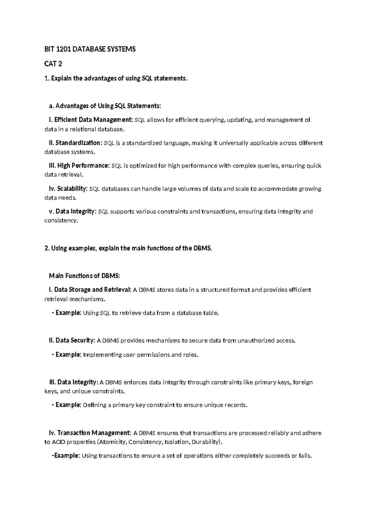 BIT 1201 Database Systems CAT 2: SQL Advantages & DBMS Functions - Studocu
