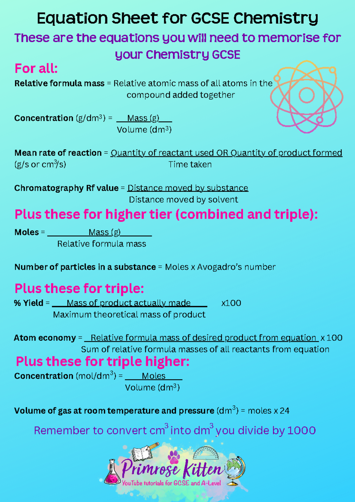 GCSE Chemistry Equation Sheet for Exam Preparation - Studocu