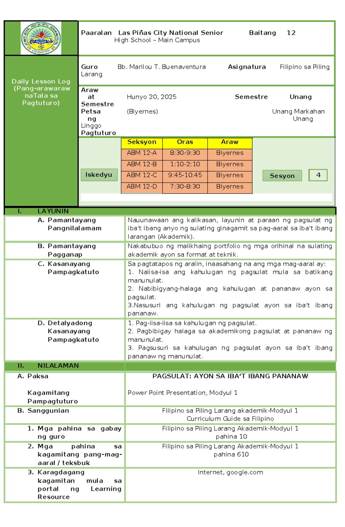 Daily Lesson Log (WEEK 1) sa Asignaturang Filipino - Halimbawa - Studocu