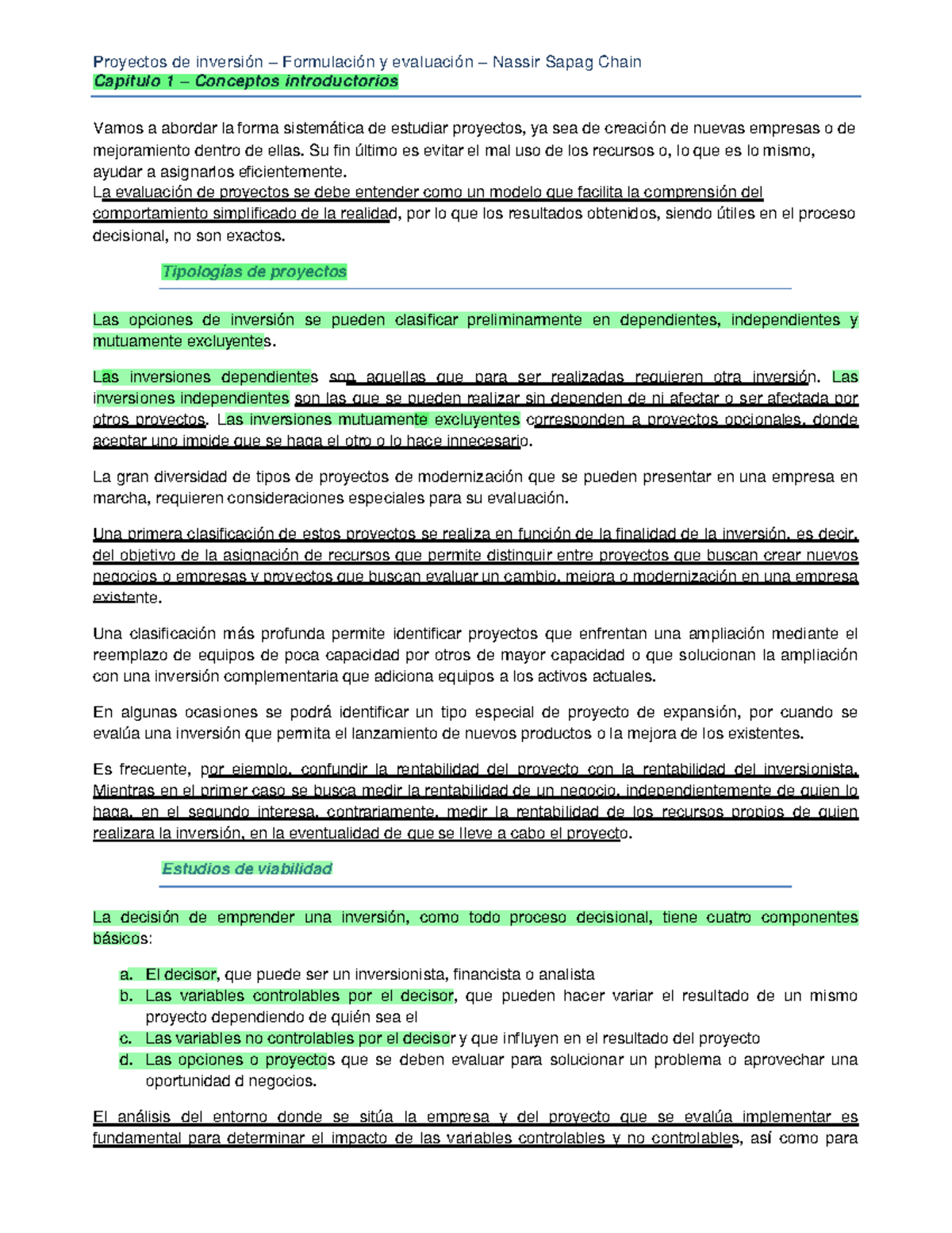 Resumen de Proyectos de Inversión: Formulación y Evaluación de Sapag ...